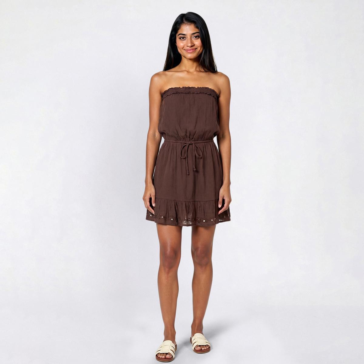 Click here for Juniors No Comment Strapless Tie Waist Gauze Dress... prices